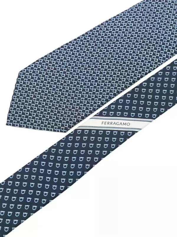 FERRAGAMO Chicca Gancini Pattern Silk Neck Tie - Blue