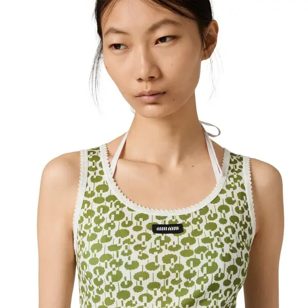 Miu Miu Floral Print Cotton Tank Top - Ivory/fern