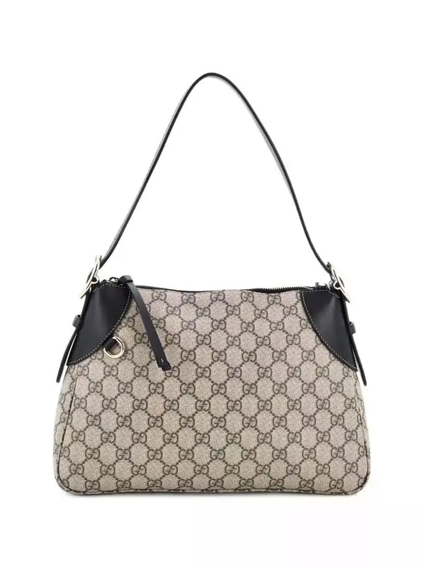 Gucci Emblem Gg Coated Canvas Leather Medium Shoulder Bag - Black