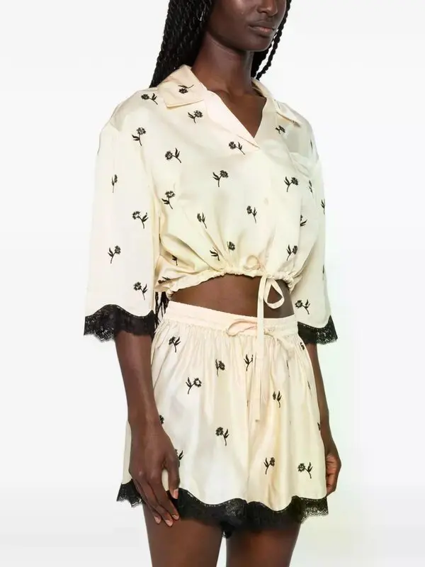 Sandro Cropped Floral Embroidered Shirt With Lace Cuffs