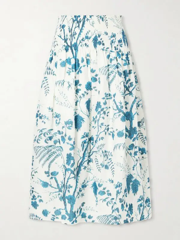 Erdem Shirred Floral-print Cotton And Linen-blend Midi Skirt - White