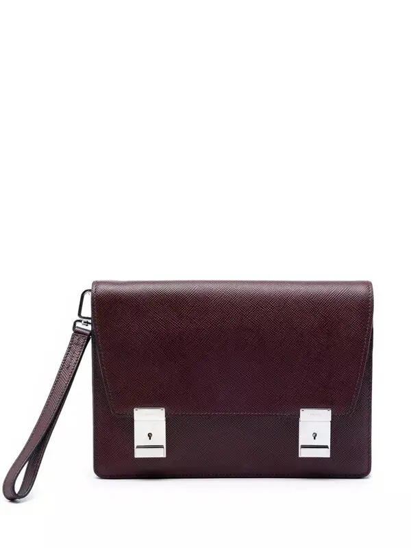 Prada Saffiano Leather Double Lock Convertible Clutch - Red