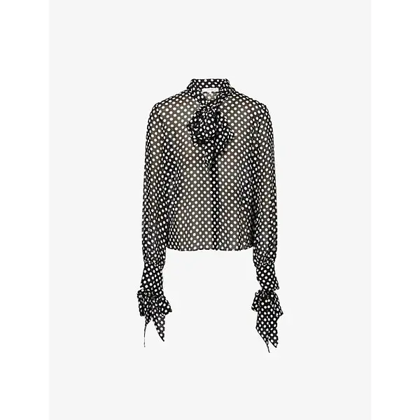 FRAME Polka Dot Silk Blouse With Neck Tie - Black Multi