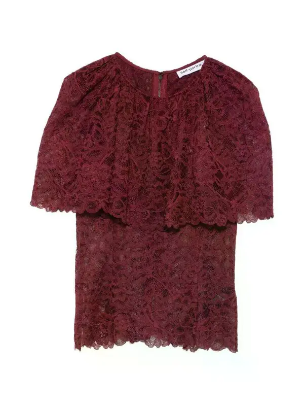 SELF-PORTRAIT Burgundy Lace Ruffled Overlay Top - Red