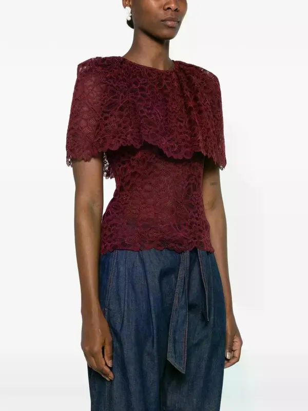 SELF-PORTRAIT Burgundy Lace Ruffled Overlay Top
