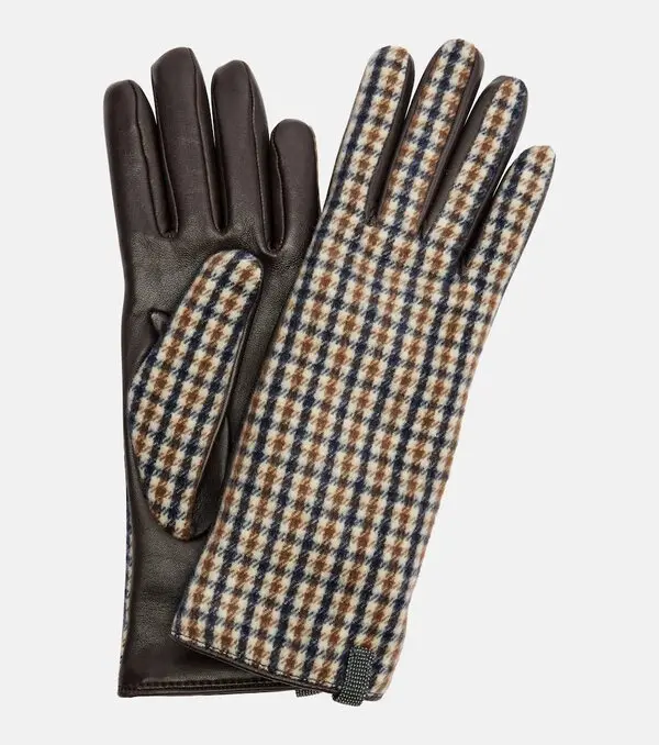 Brunello Cucinelli Monili Checked Virgin Wool And Leather Gloves - Brown
