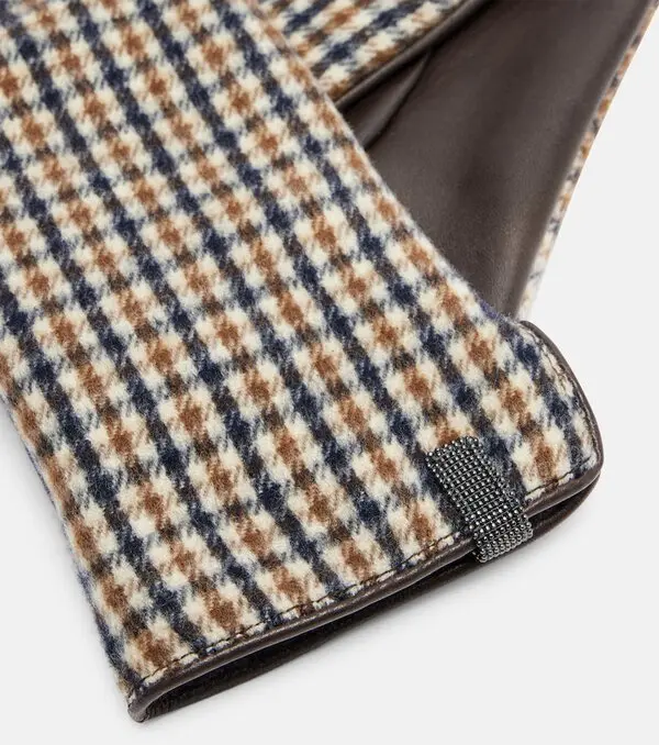 Brunello Cucinelli Monili Checked Virgin Wool And Leather Gloves