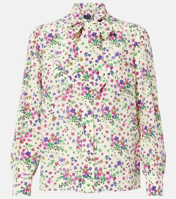 Gucci Floral Tie-neck Silk Shirt