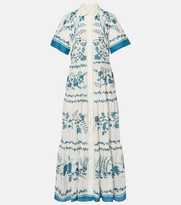 Erdem Floral Cotton And Linen Tiered Shirt Dress - Blue