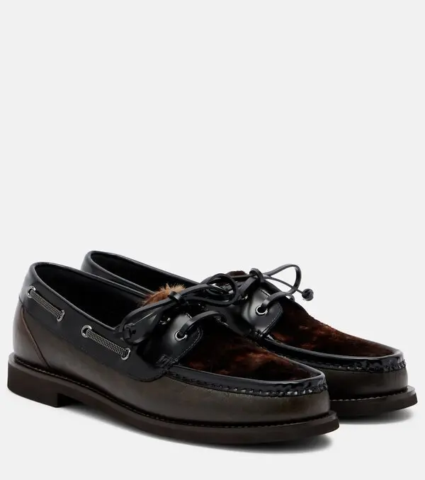 Brunello Cucinelli Calf Hair-trimmed Leather Boat Shoes - Brown