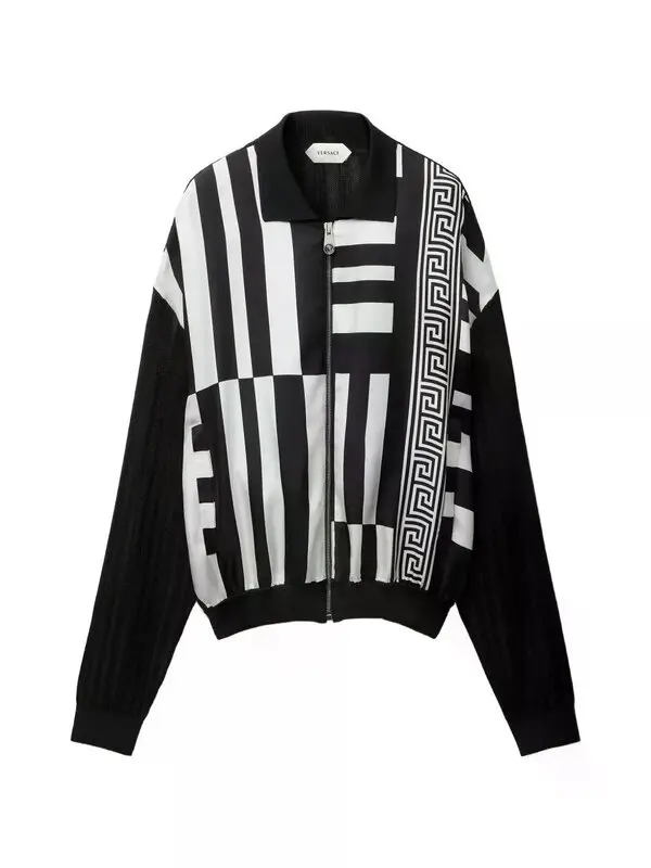 Versace Printed Silk Inserts Knit Zip Cardigan