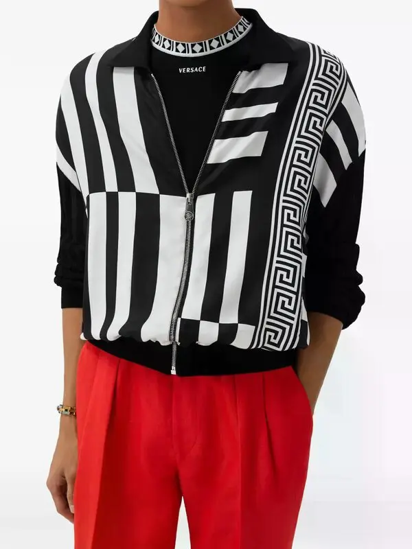 Versace Printed Silk Inserts Knit Zip Cardigan