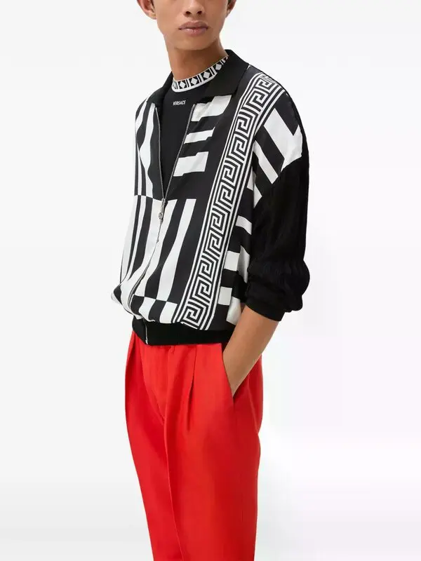 Versace Printed Silk Inserts Knit Zip Cardigan