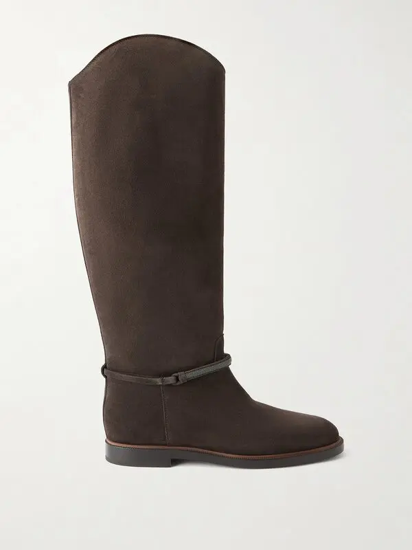 Brunello Cucinelli Suede Knee-high Boots With Monili Embellishment - Brown