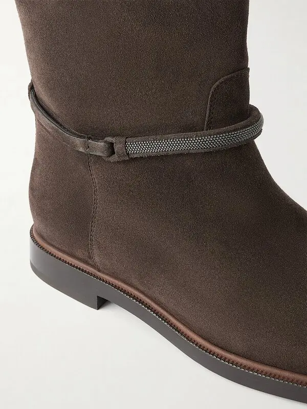 Brunello Cucinelli Suede Knee-high Boots With Monili Embellishment - Brown