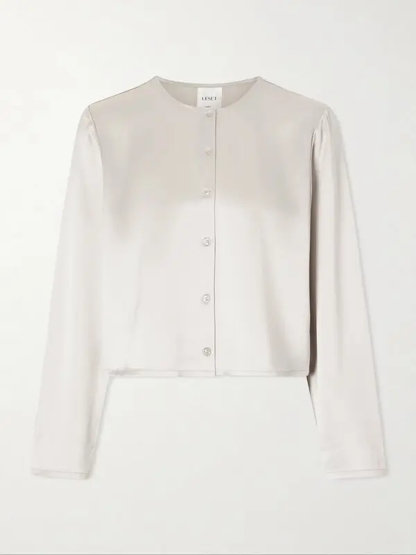 LESET Barb Cropped Satin Cardigan - Silver