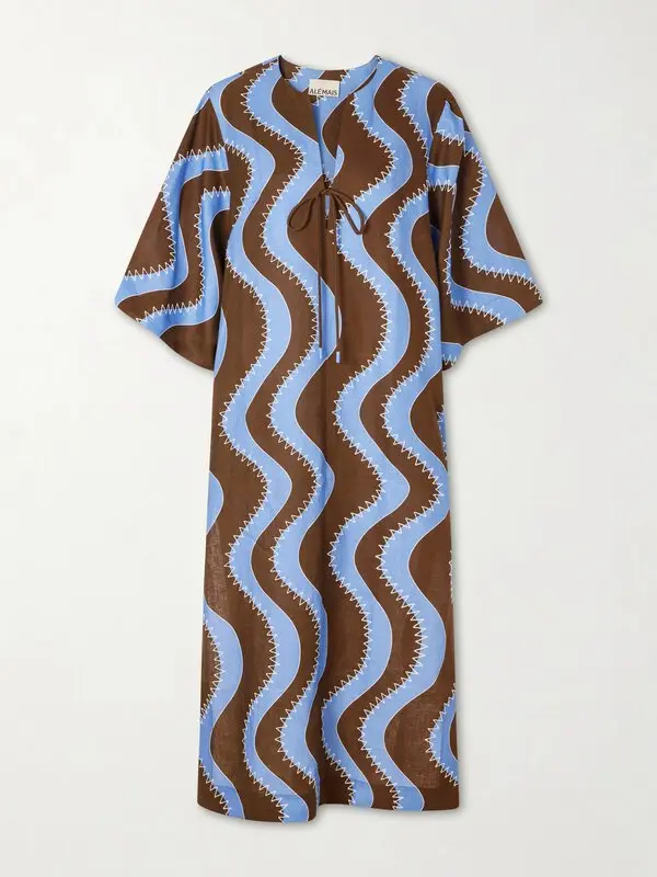 ALEMAIS Frankie' Tie-detailed Embroidered Linen Midi Dress - Blue