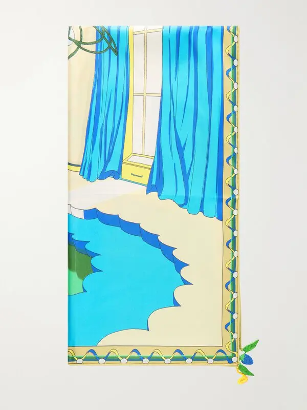 Tory Burch The Pool Embellished Printed Silk-twill Scarf - Blue