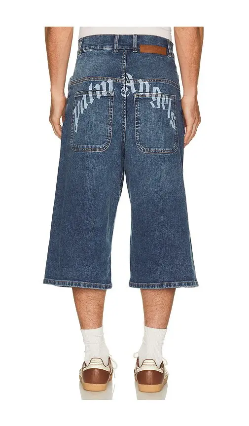 Palm Angels Curved Logo Denim Skater Shorts - Blue