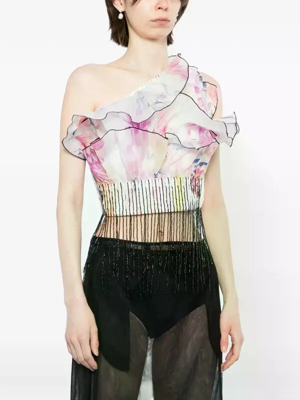 Aje One-shoulder Floral Print Blouse With Ruffle And Fringe Detail