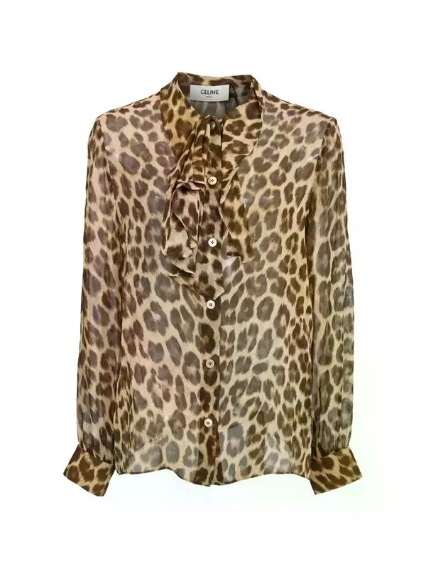 Celine Leopard Print Silk Tie Neck Blouse - Neutrals