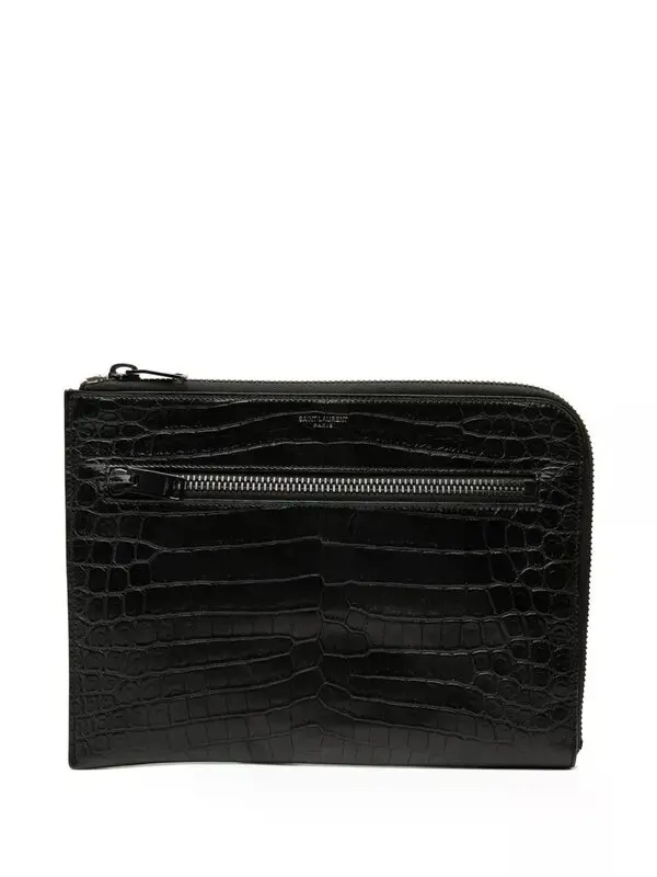 Saint Laurent Croc Embossed Leather Clutch Bag - Black