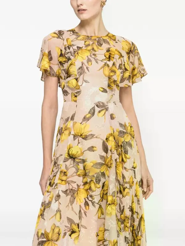 NISSA Floral Print Ruffled Midi Dress - Neutrals