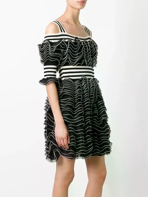 Alexander McQueen Ruffle Mini Dress With Cold Shoulder And Striped Detailing
