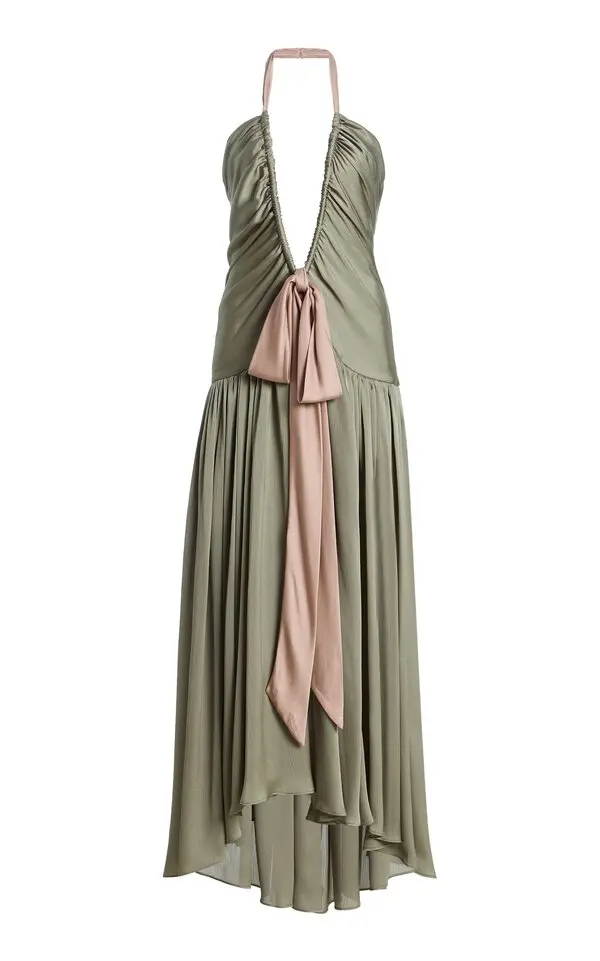 SIEDRES Ruched Halterneck Maxi Dress With Contrasting Tie - Grey