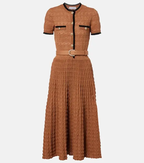 SELF-PORTRAIT Belted Pointelle Cotton-blend Midi Dress