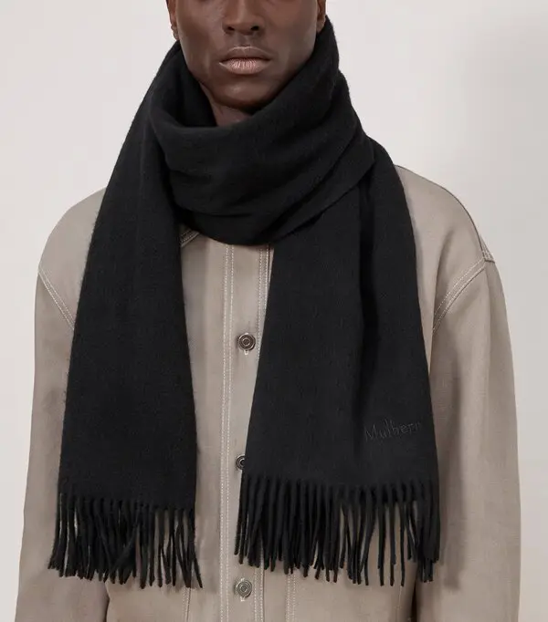 Mulberry Merino Wool Fringed Scarf - Black