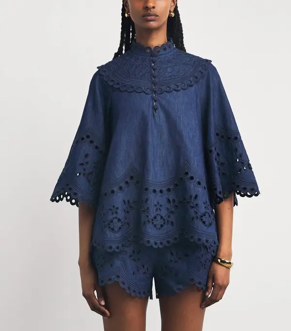Zimmermann Mahon Denim Broderie Blouse - Navy