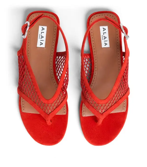 Alaïa Suede Fishnet Thong Sandals - Red
