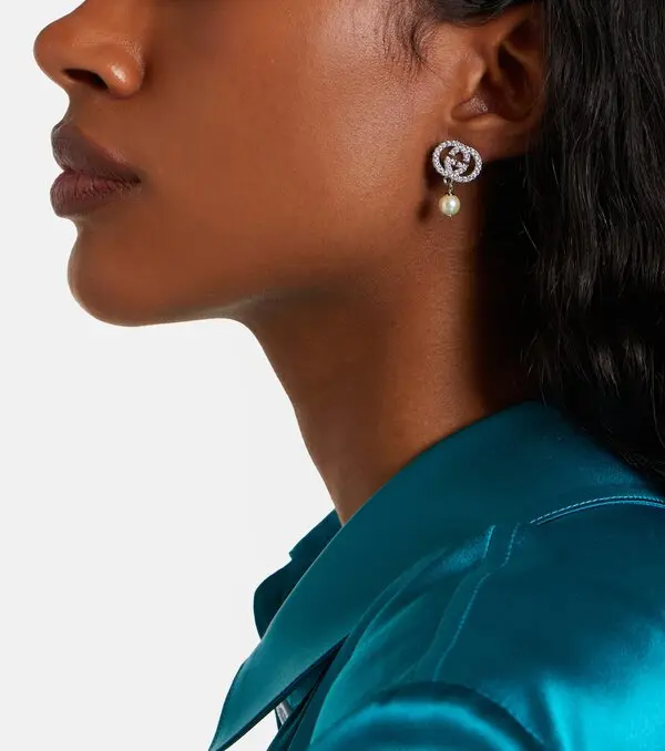 Gucci Interlocking G Embellished Drop Earrings - Silver