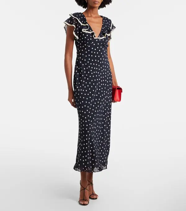 Rixo Bethea Polka-dot Crepe De Chine Midi Dress - Blue