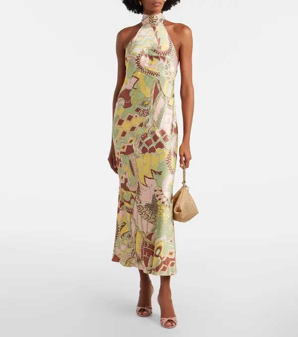 Rixo Maura Printed Halterneck Satin Midi Dress - Multicoloured