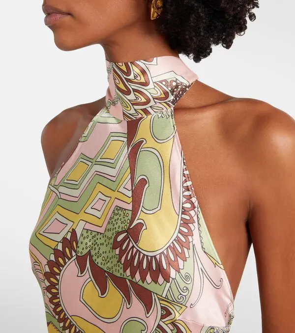 Rixo Maura Printed Halterneck Satin Midi Dress - Multicoloured
