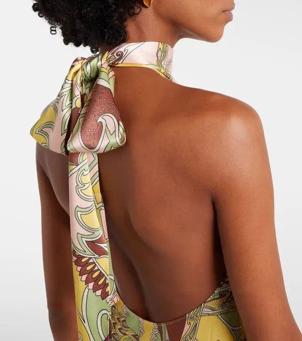 Rixo Maura Printed Halterneck Satin Midi Dress - Multicoloured