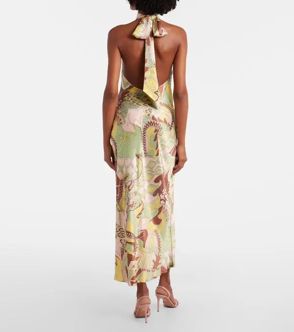 Rixo Maura Printed Halterneck Satin Midi Dress - Multicoloured