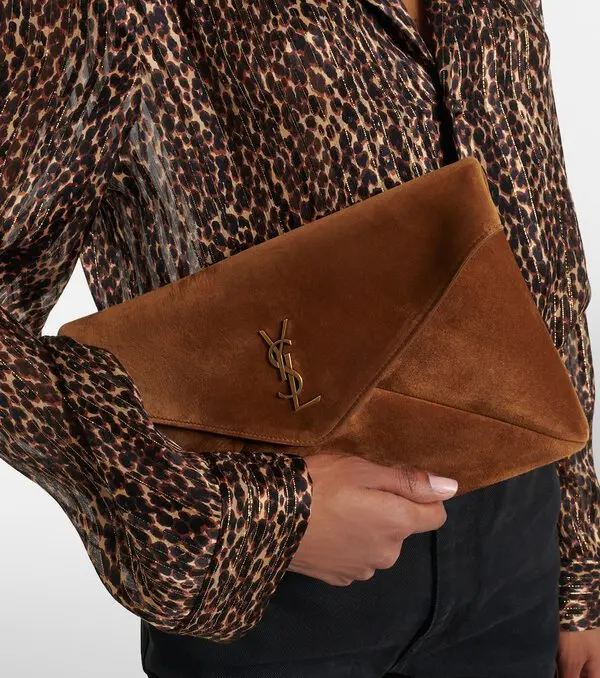 Saint Laurent Cassandre Suede Pouch - Brown