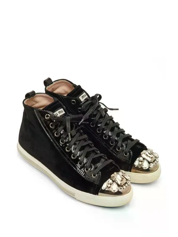 Miu Miu Velvet Crystal Embellished Cap Toe Lace Up Sneakers