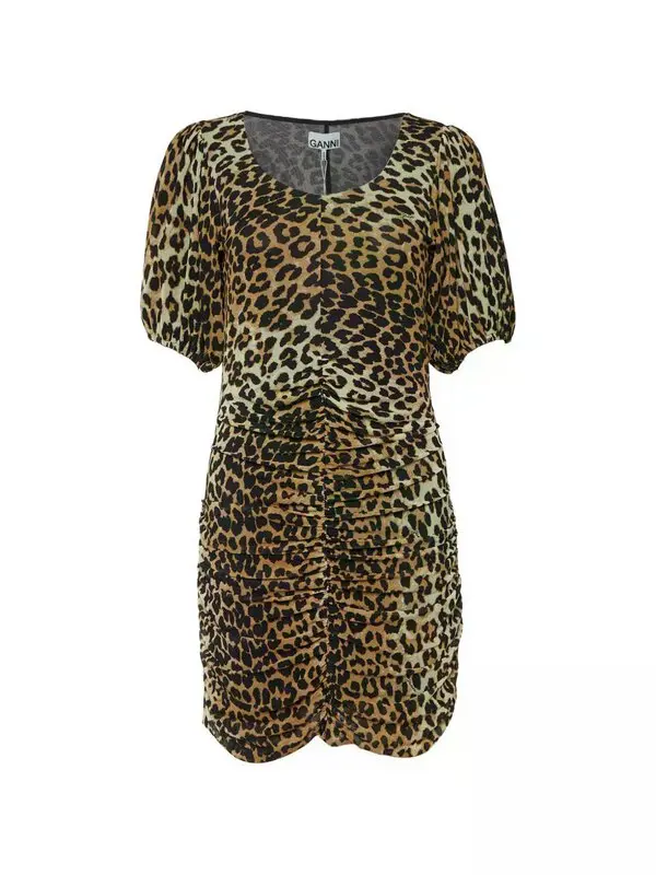 GANNI Leopard Print Ruched Mini Dress - Neutrals