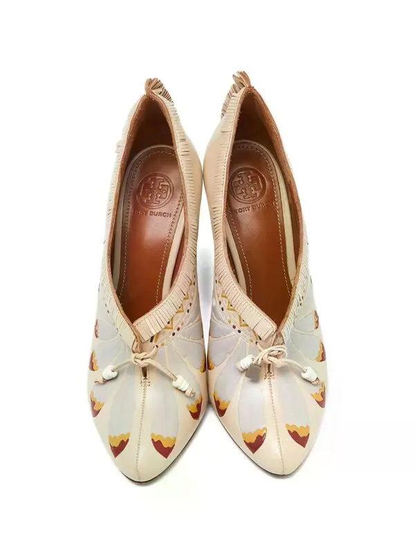 Tory Burch Beige Leather Graphic Print Fringed Ankle Pumps