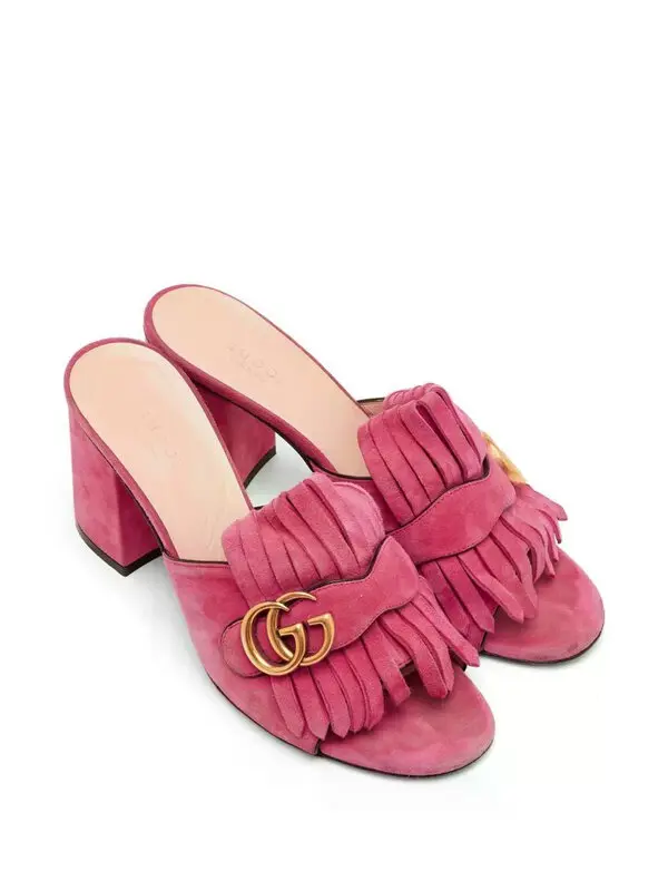 Gucci Gg Marmont Suede Fringe Block Heel Sandals