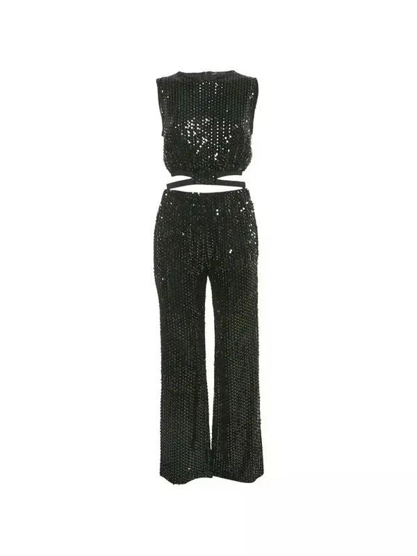 Maje Sequin Embellished Sleeveless Round Neck Cropped Top And Straight Leg Trouser Set - Black