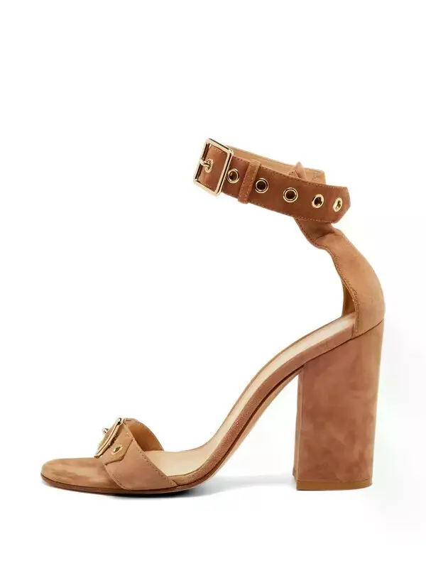 GIANVITO ROSSI Suede Buckle Ankle Strap Block Heel Sandals