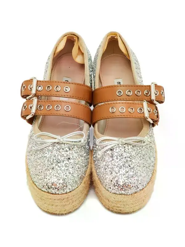 Miu Miu Glitter Platform Espadrille Ballet Flats With Double Buckle Detail