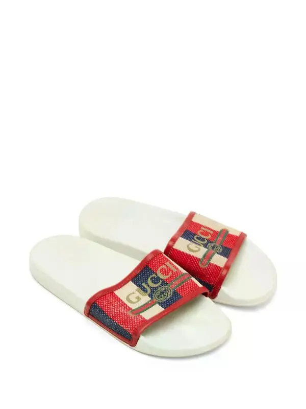 Gucci Canvas And Leather Logo Pool Slide Sandals - Red