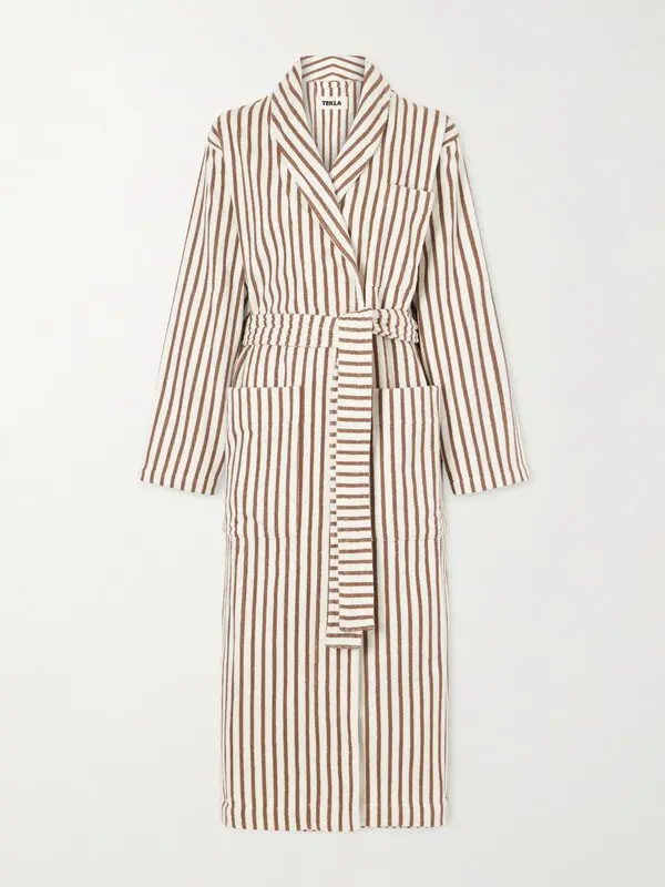 TEKLA Belted Striped Organic Cotton-terry Robe - Metallic