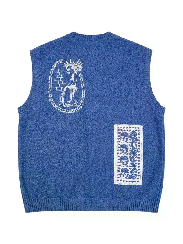 PAS DE MER Embroidered Patchwork Cotton Sweater Vest